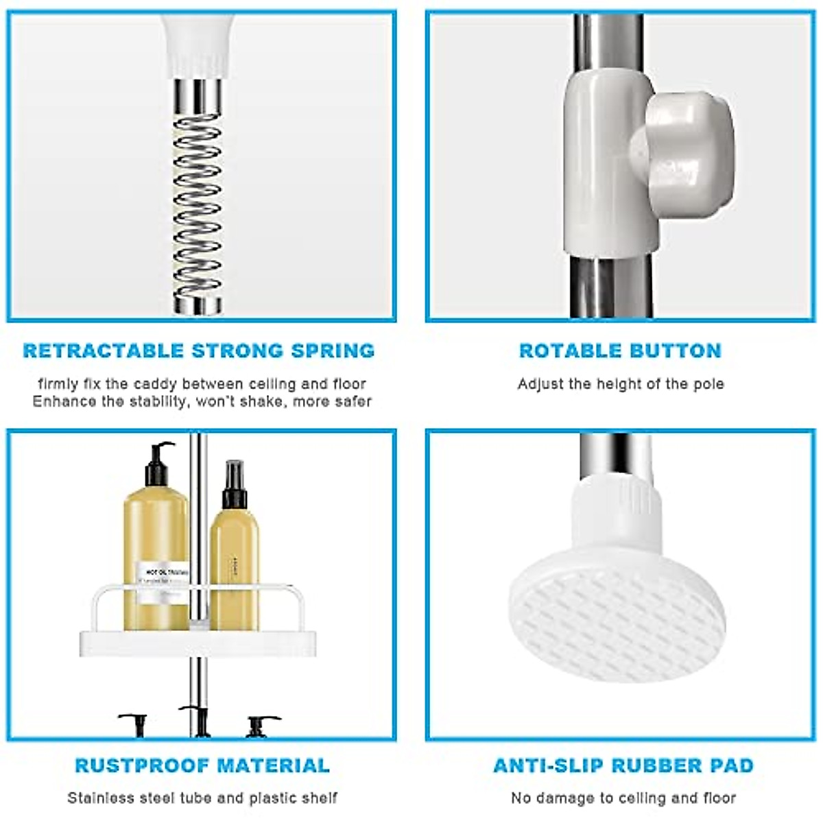 YorkHoMo Shower Caddy, Shower Caddy Tension Pole 4 Layer Adjustable Rustproof Stainless Steel Bathroom Shower Organizer Bathtub Storage Holder Rack Height 3.3 to10.1ft