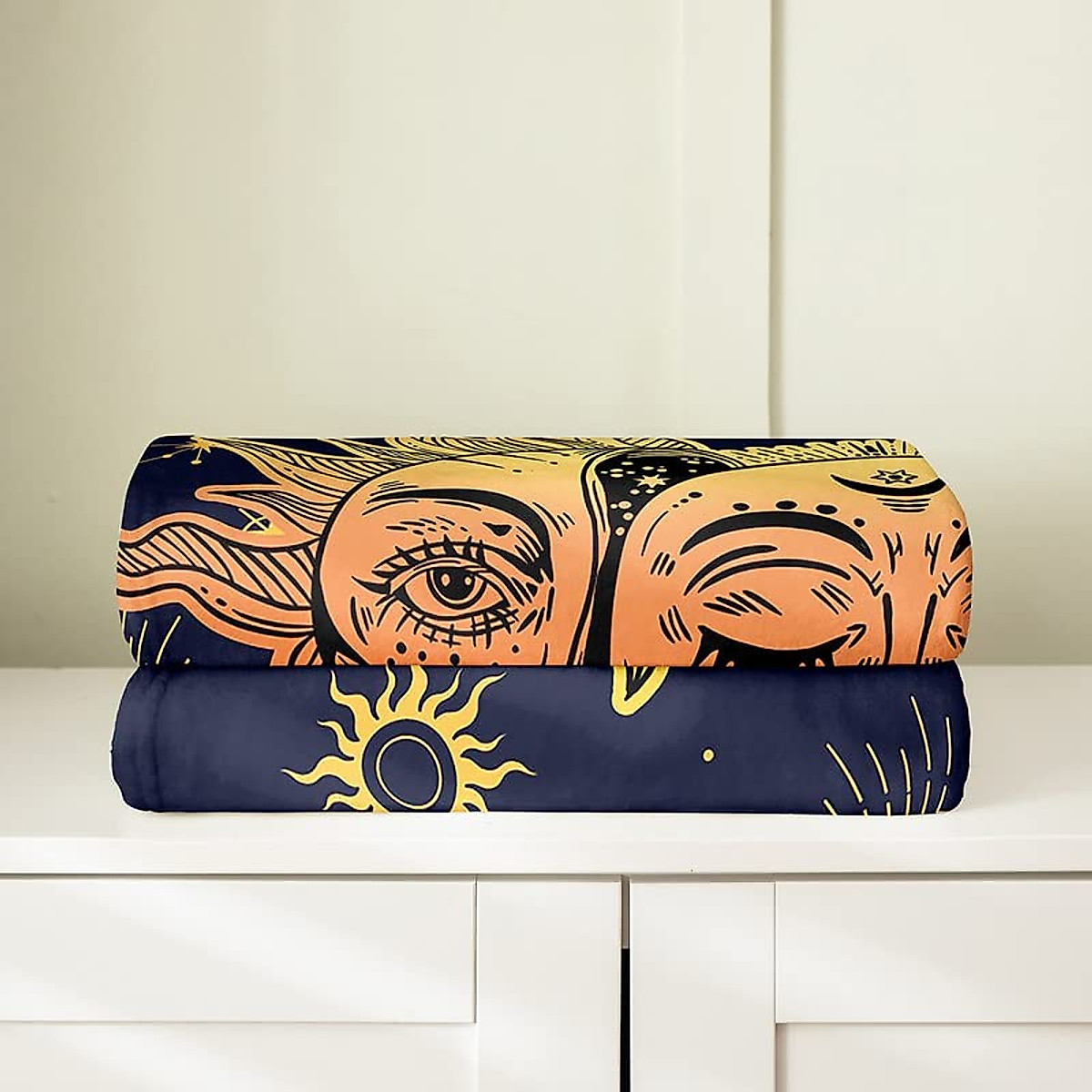 Sun Moon Flannel Fleece Throw Blanket Boho Exotic All Season Bed Blanket Room Decorative Bohemian Galaxy Fuzzy Blanket Astrology Space Cosmic Celestial Orange Plush Blanket Throw 50"x60"