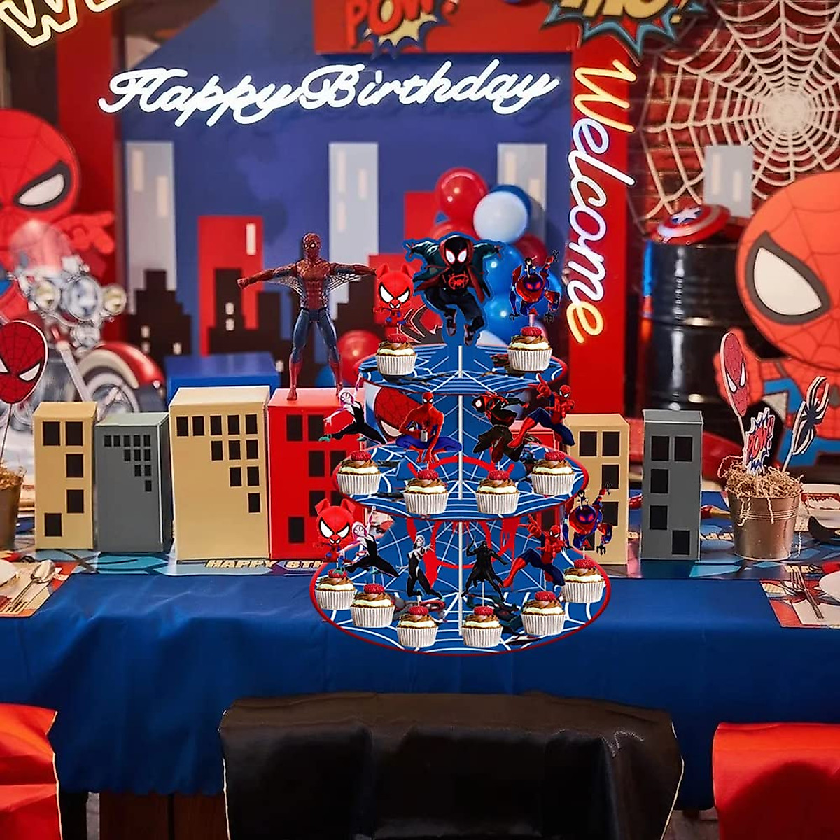 Miles Morales 3 Tier Cardboard Cupcake Stand Spider Hero Treat Stand Cupcake Holder Spidey Themed Party Decorations Supplies for Kids Fans Birthday Party