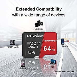 LaView 64GB Micro SD Card, Micro SDXC UHS-I Memory Card – 95MB/s,633X,U3,C10, Full HD Video V30, A1, FAT32, High Speed Flash TF Card P500 for Computer with Adapter/Phone/Tablet/PC