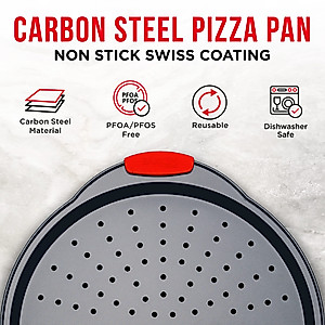 Pizza Tray – 2 Round with Silicone Handles – Carbon Steel Pizza Pan with Holes and Non-Stick Coating – PFOA PFOS and PTFE Free by Bakken