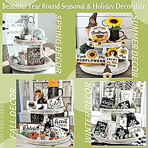 Farmhouse Tiered Tray 2 Tier Tray with Metal Handle, Wooden Tray Tiered Serving Tray for Cake, Fruit, Dessert, White Tray Decorative Tray for Living Room Kitchen Coffee Table Dining Table Centerpiece