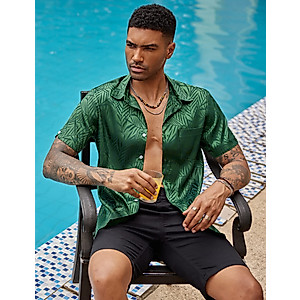 COOFANDY Mens Shirt Summer Beach Dress for Wedding Satin Button Down, 02 Deep Green, XX-Large, Short Sleeve
