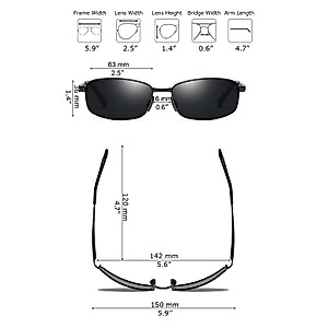 ZHILE Wrap Polarized Sunglasses Rectangular Metal Frame Classic Style Large Size (Black, Grey)