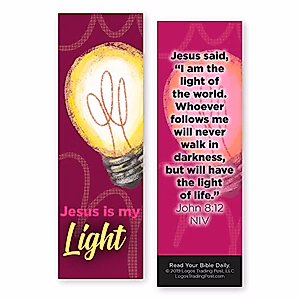 Jesus is My Light, John 8:12, Bulk Pack of 25 Christian Bookmarks for Kids, Childrens Bible Verse Book Markers, Sunday School Prizes with Memory Verses, Scripture Gifts for Kids & Youth