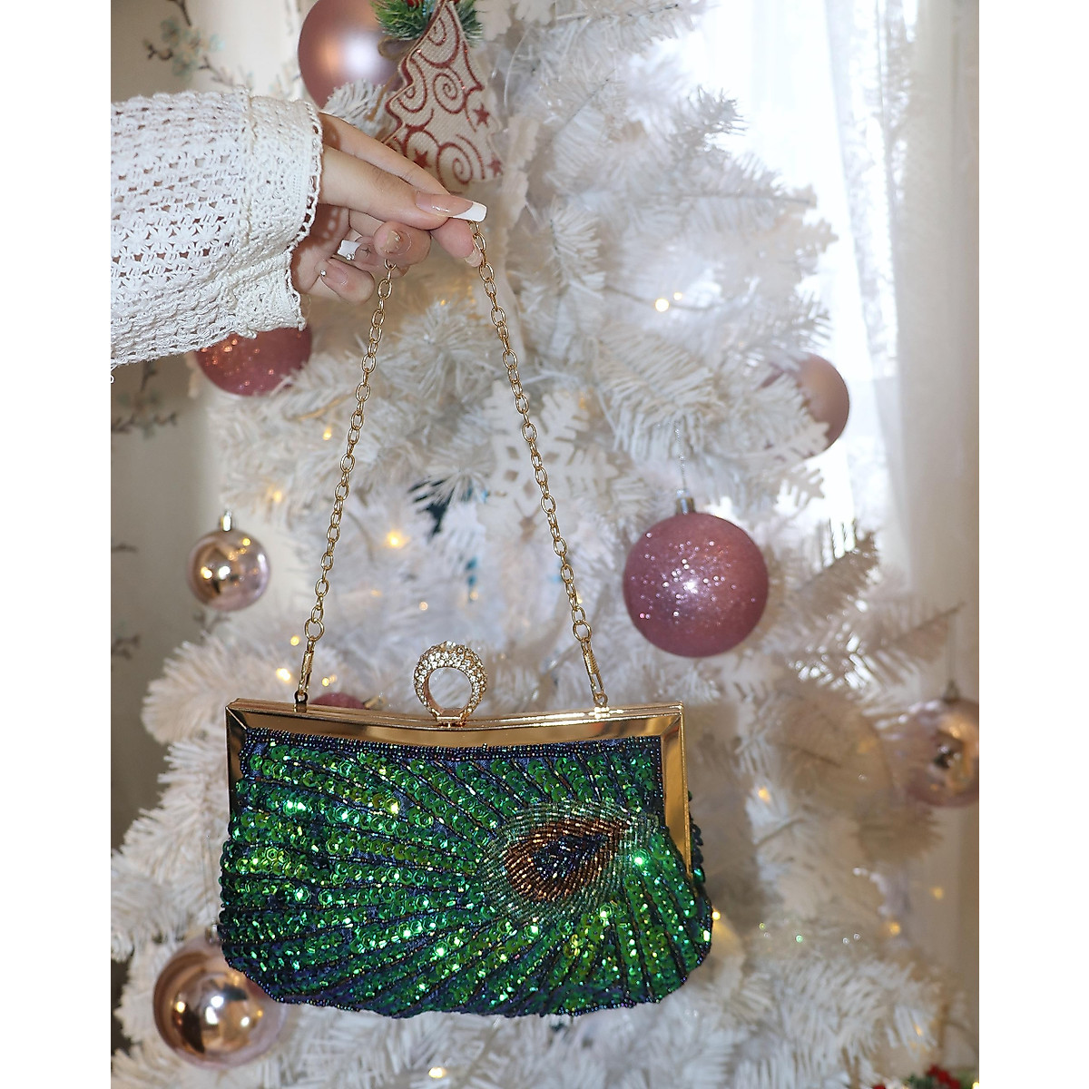 Peacock Evening Bag Sequins Beaded Clutch Purse with Ring Lock Closure for Wedding Party Peacock Blue