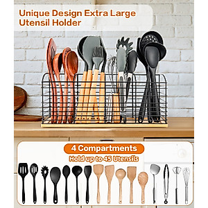 PrimZooty Extra Large Utensil Holder for Kitchen Counter - 15.7"x 6.7"x 4.4", Aesthetic Design, Anti-Slip Mat, 4 Compartments, Black Cooking Utensil Organizer for Countertop, Spatula Utensil Caddy