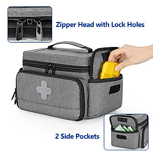 CURMIO Medicine Storage Bag Empty, Lockable Pill Bottle Organizer with Portable Zippered Pouches for First Aid Kits, Medicine Box for Home and Travel, Gray (Patent Pending)