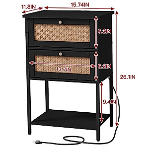 NONGSHIM Nightstand with Charging Station, Rattan Side Table with USB Ports and Outlets, Bedside Table with Open Storage Shelf, 4 Tier Modern Sofa End Table for Bedroom, Living Room, Office, Black