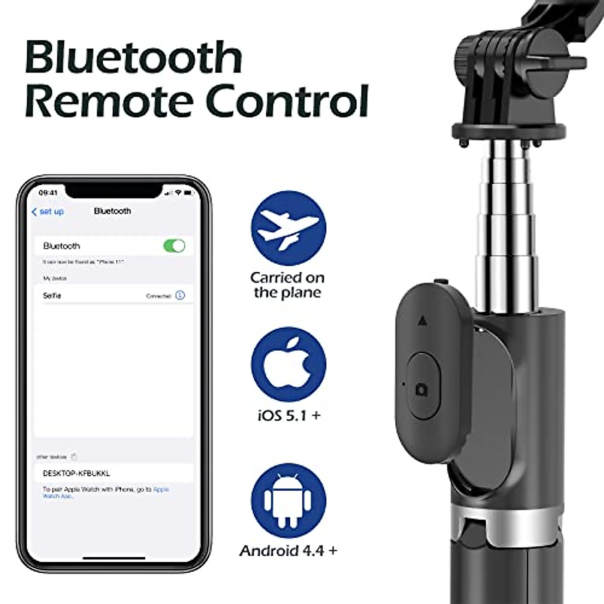 Aureday Selfie Stick with Wireless Bluetooth Remote, Portable 41 Inch Gopro Selfie Stick Tripod with Light, Compatible with iPhone 14/13 Pro/12/11 Pro/Max/XS/XR/X/8/7 and Android Smartphones