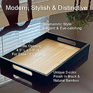 Bamboo Serving Tray with Handles (16" x 11" x 2") – Wood Serving Tray - Coffee Table Tray - Ottoman Tray - Decorative Display Tray In Black & Natural