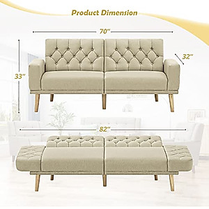 ACMEASE 70” Linen Fabric Futon Sofa Bed with Adjustable Backrests, Tufted Sleeper Couch with Convertible Armrest, 82” Extendable Loveseat Sofa with 2 Pillows for Living Room, Bedroom, Beige