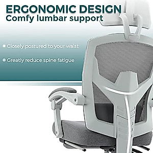 Ergonomic Office Chair, Reclining High Back Mesh Chair, Computer Desk Chair, Swivel Rolling Home Task Chair with Lumbar Support Pillow, Adjustable Headrest, Retractable Footrest and Padded Armrests