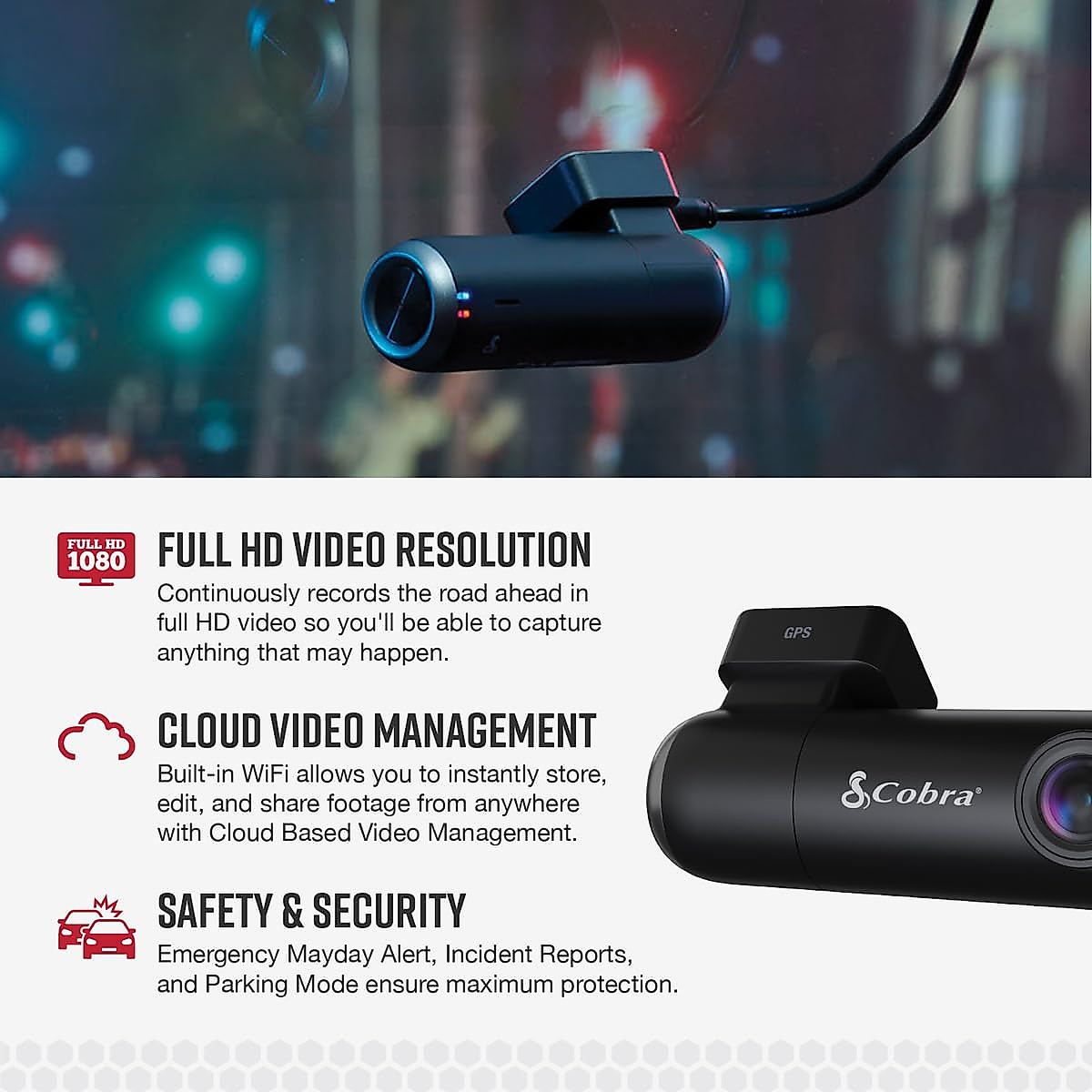Cobra Smart Dash Cam (SC 100) - Full HD 1080P Resolution, Built-in WiFi & GPS, 140 Degree View, Live Police Alerts, Incident Reports, Emergency Mayday, Drive Smarter App, 8GB SD Card Incl., black
