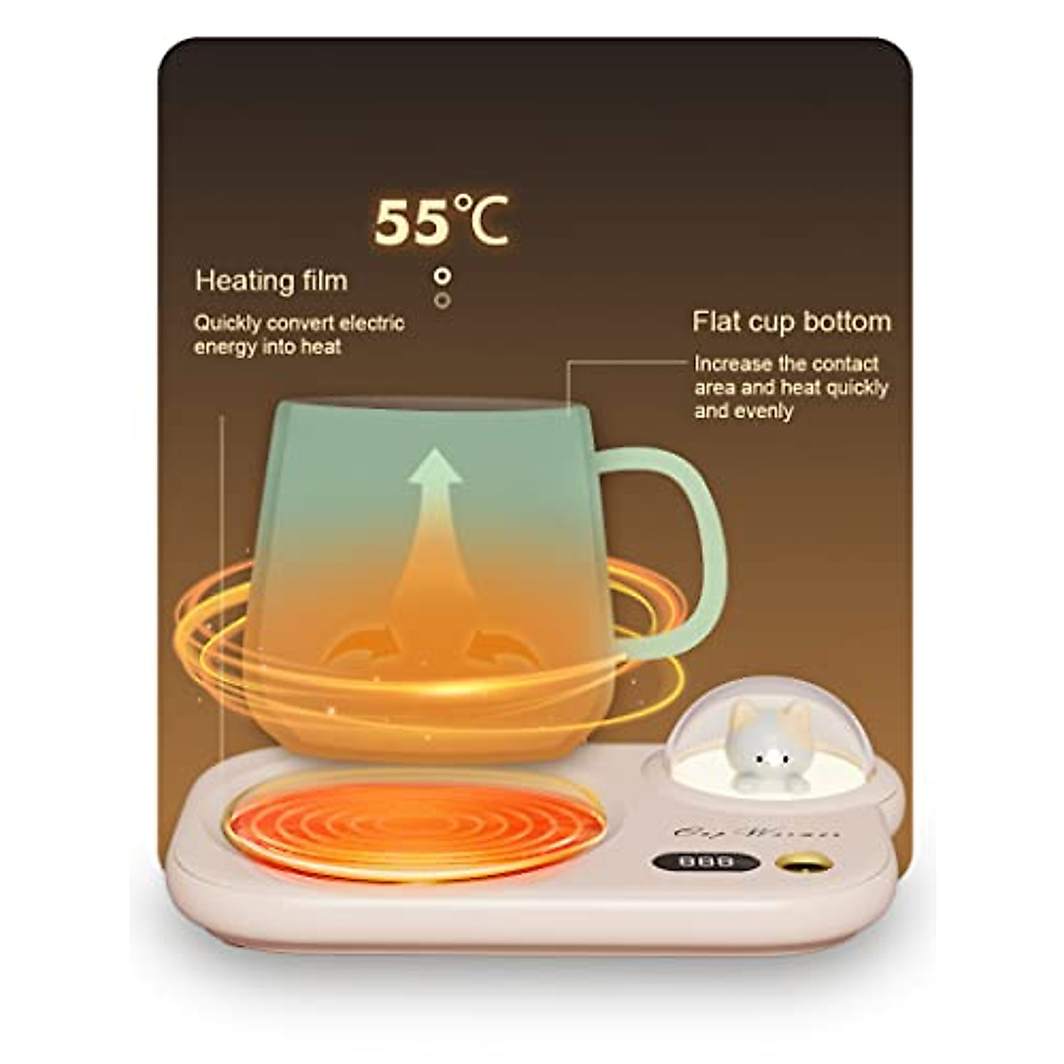 Smart Coffee Mug Warmer, Coffee Cup Heater with Cute Cat Night Light, Auto Shut Off, 3 Temperature Setting LED Display, Electric Beverage Warmer Plate for Coffee Tea Milk Cocoa and etc, Pink