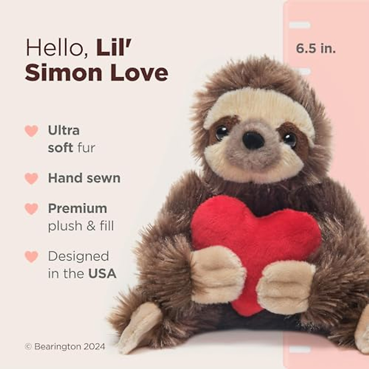 Bearington Sloth Plush Valentine's Day Stuffed Animals 6 in Ideal for Valentine's Gift for Kids