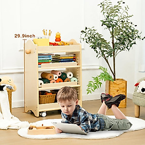 kidi house Rolling Storage Cart on Wheels 4-Tier Wooden Utility Cart Art Cart Organizer for Kids Multi-Functional Movable Birch Trolley Kids Bookshelf Art Crafts Supply Shelf Montessori Furniture