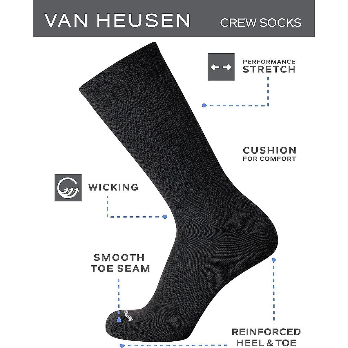 Van Heusen Men's Crew Socks - 10 Pack Performance Stretch Cushioned Crew Socks - Breathable Athletic Socks for Men (6-12.5), Size 6-12.5, Black