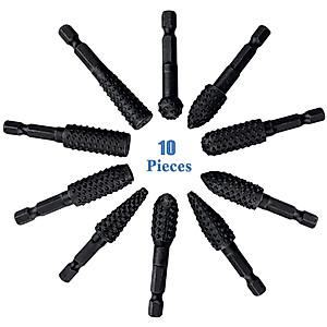 Mesee 10 Pieces Rotary Burr Rasp Set, 1/4 Inch Hex Shank Quick Change Wood Carving Drill Bits Carbon Steel File Rasp DIY Woodworking Tool for Wood Plastic Engraving Polishing Grinding