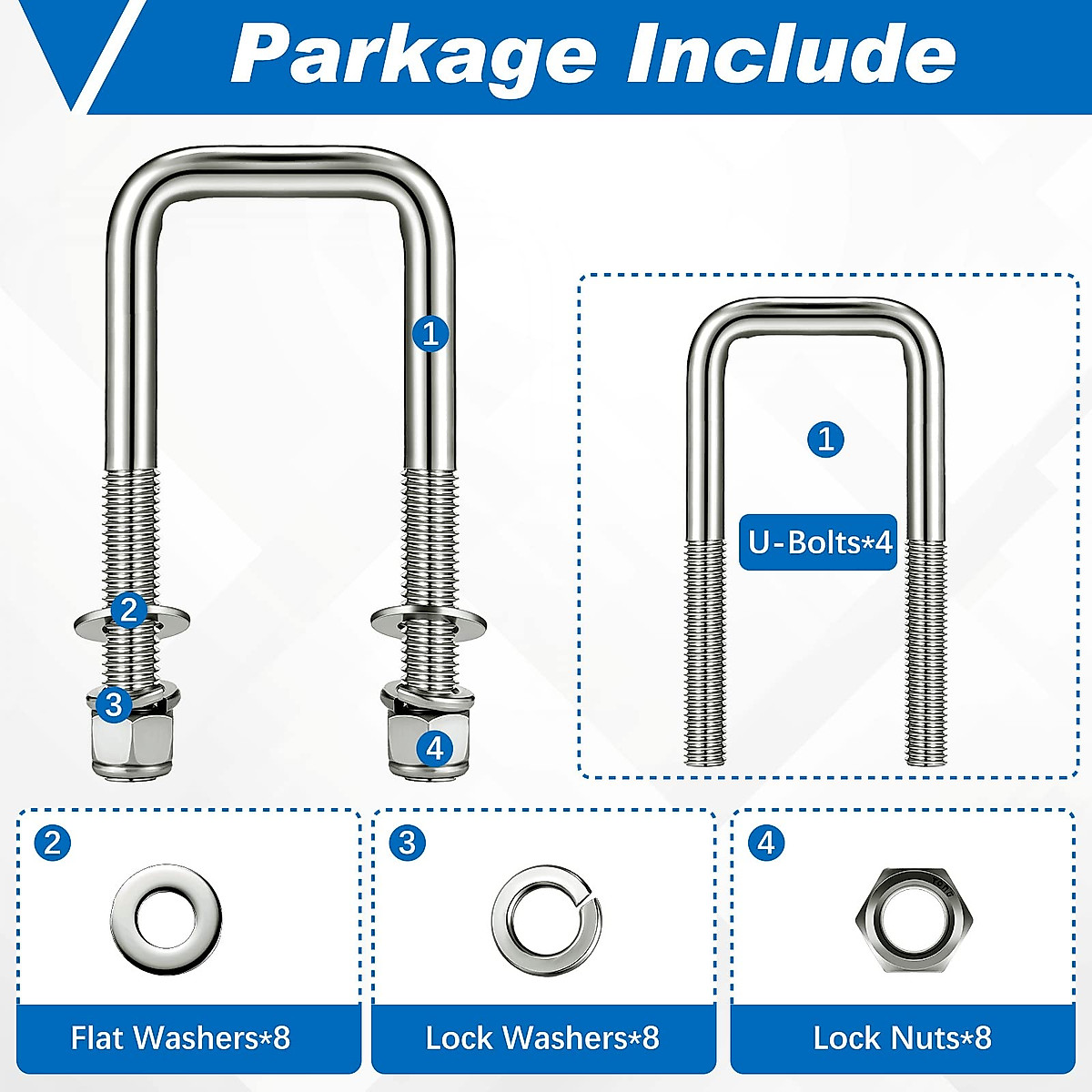 4 Pcs Hotop 304 Stainless Steel Square U-Bolt Boat Trailer U-Bolts with Washers and Nuts l Heavy Duty U Bolt for Sailboat Trailer Automobiles Industrial Part (1/2 D x 2 1/16 W x 4 3/4 Inch)