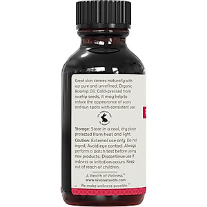 Viva Naturals Organic Rosehip Seed Oil (1 fl oz) - 100% Pure, Cold Pressed Moisturizing Rose hip Oil for Face, Hair, Dry Skin & Nails, Non-GMO