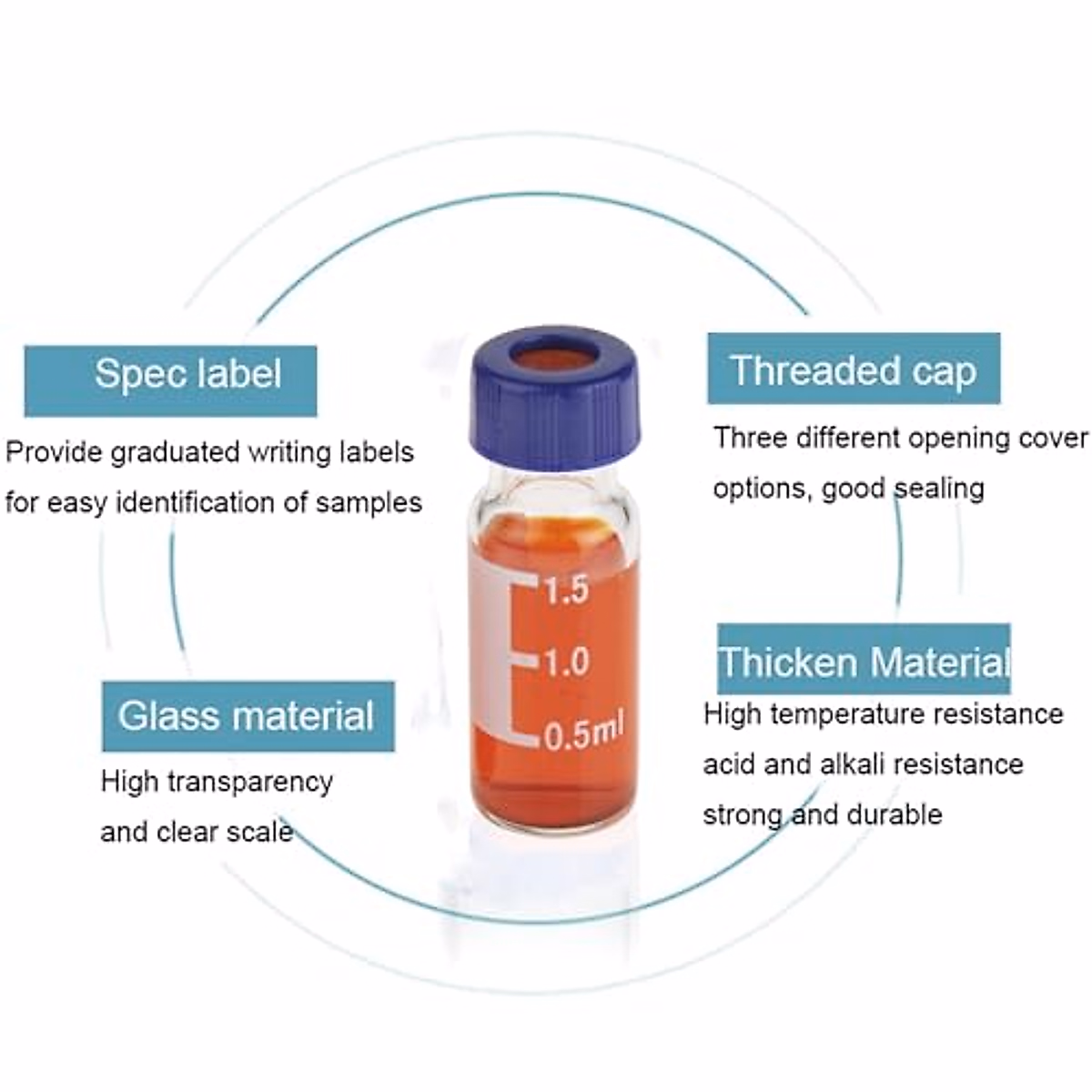 PEKYBIO 2 ml Autosampler Vial, 9-425 HPLC Vial with Writing Area and Graduation, Clear Sample Vial and 9mm Blue Screw Cap with Hole, White PTFE&Red Silicone Septa, 100 of Pack