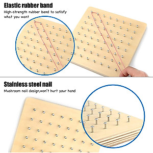 SGVV90 Wooden Geoboard,Mathematical Manipulative Material Array Block Geo Board with Pattern Cards and Rubber Bands to Create Figures and Shapes,Montessori Toy,Brain Teaser STEM Toy for Children Kids