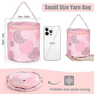 Katech Mini Yarn Storage Bags, Portable Yarn Bag for Crocheting with Holes Organizer Crochet Thread Sewing Accessories Storage Tote Bag for Carry Crochet Hooks Skein Yarn (Pink Floral)