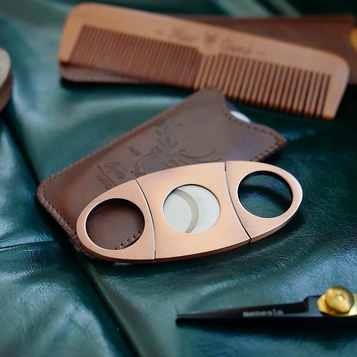 Stainless Steel Cigar Cutter Guillotine with Leather Pouch,Double Blade for a Precise Perfect Cut(Bronze Deer)