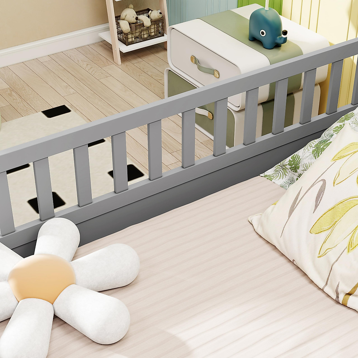 CITYLIGHT Full Floor Bed with High Rails, Wood Montessori Floor Bed with Door Design, Kids Full Bed Frame for Boys Girls Children,No Bed Slats,Grey