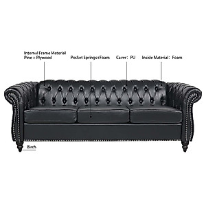 EMKK 84 inch Leather 3-Seater Sofa Couch,Rolled Arm Chesterfield Three Seater Sofá for Small Spaces, Bedroom, Living Room,Black