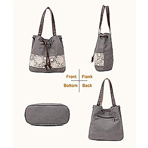 Women Printing Canvas Shoulder Bag Casual Hand Bags Purse Retro Tote Bags (Gray)