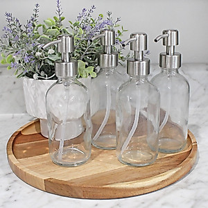 Cornucopia Brands 8-Ounce Clear Glass Boston Round Bottles w/Stainless Steel Lotion Pumps (4-Pack); Empty Refillable Liquid Soap & Lotion Bottles