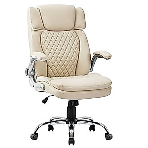 HOMYEDAMIC High Back Office Chair with Adjustable Arms, PU Leather Computer Executive Chairs Big Tall Swivel Ergonomic Adjustable Tilt Angle, Wide Thick Seat, Design for Back Pain(Beige)