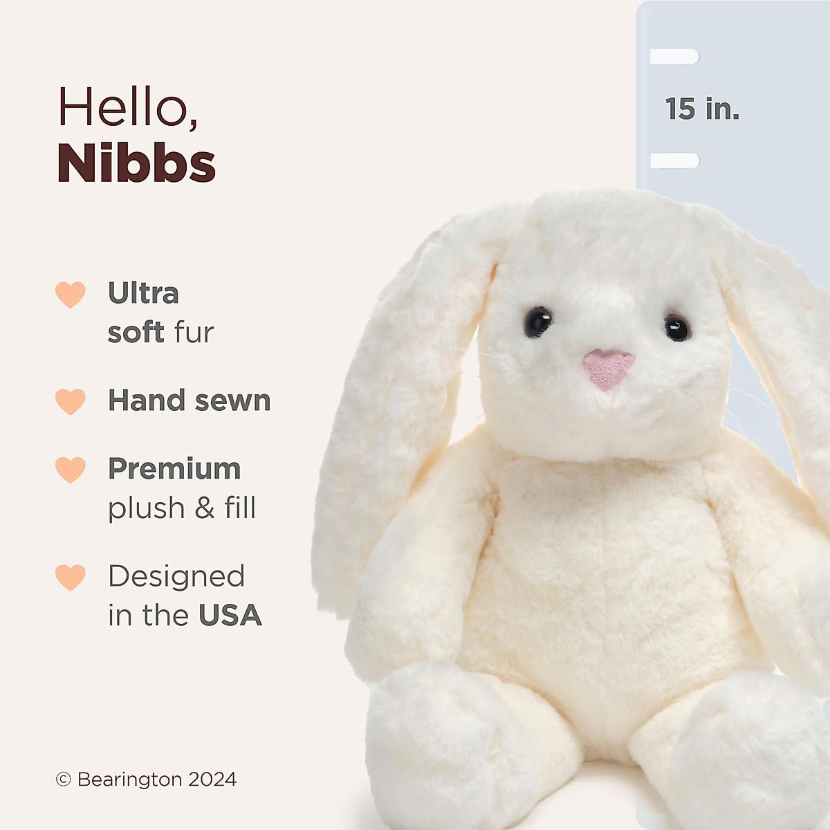Bearington Nibbs The Stuffed Rabbit Plush, 15 Inch White Bunny Stuffed Animal, White Easter Bunny