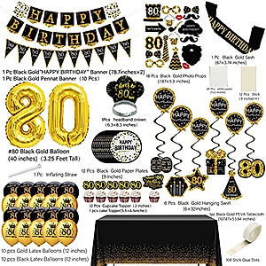 80th birthday decorations for men women - (76pack) black gold party Banner, Pennant, Hanging Swirl, birthday balloons, Tablecloths, cupcake Topper, Crown, plates, Photo Props, Sash for gifts