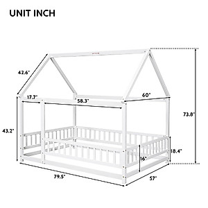 MilleLoom Full Size Solid Pine Wood Floor Bed Frame, Full Size House Floor Bed with Roof Fence Guardrails, Multifunctional Playhouse Bed for Kids Boys Girls Teens, Easy Assembly, White
