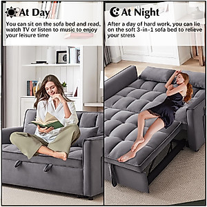 SPOWAY 3 in 1 Sleeper Sofa Couch Bed, Velvet Convertible Sofa Bed with Armrests, Storage Pockets & 2 Pillows, Modern Sofa Bed Couch for Living Room Apartment Bedroom Office, Dark Grey