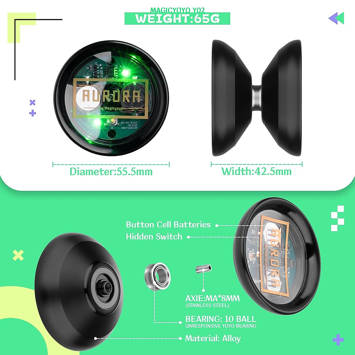 Light Up Yoyo with Extra Battery, MAGICYOYO Y02 Aurora Professional Unresponsive Yoyo with Yoyo Glove, Yoyo Bag, 12 Yoyo Strings - Green Light