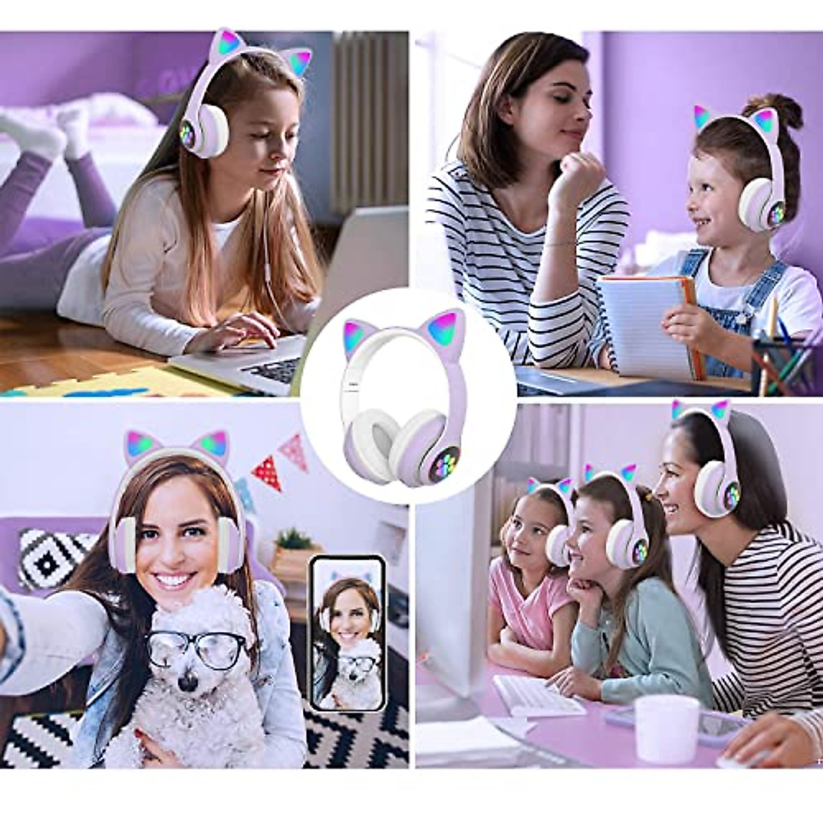 TOKANI Wireless Over-Ear Headphones with Microphone, Bluetooth Cat Ear Headphones for Kids Teens Adults Girls Women (Purple)