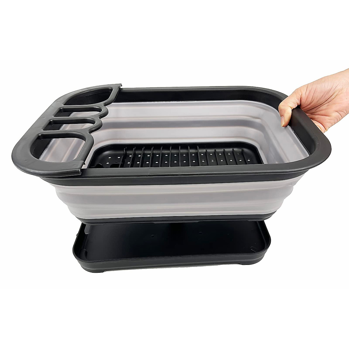 SAMMART 7.3L (1.9 Gallon) Collapsible Dish Drainer with Drainer Board - Foldable Drying Rack Set - Portable Dinnerware Organizer - Space Saving Kitchen Storage Tray (Black/Alloy Grey)