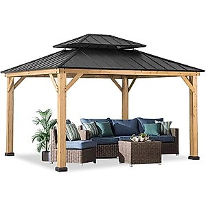 10' x 12' Hardtop Gazebo Solid Cedar Wood Gazebo with Galvanized Steel Double Roof, Outdoor Permanent Gazebo with Curtains and Netting for Patio Backyard Deck Lawn