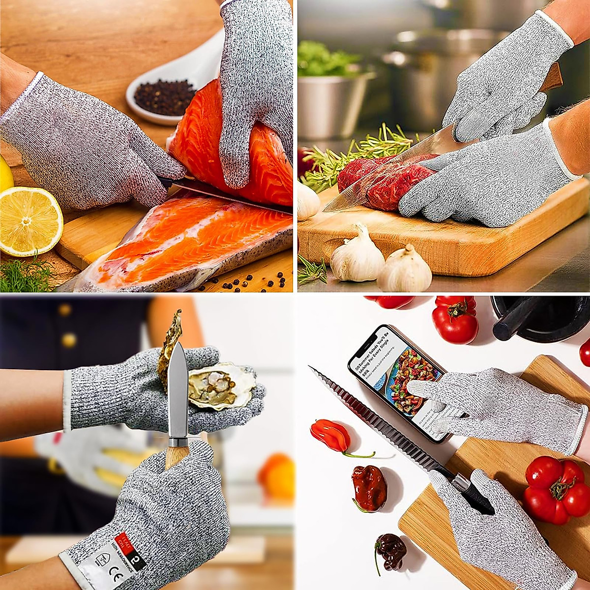 6pcs Oyster Shucking Knife Gloves Set,2pcs Stainless Steel Oyster Knives with Wooden Handle,2 Pairs Level 5 Cut Resistant Protection Gloves M&L,Knife Shucker for Seafood Oysters Clam Shell Shucking