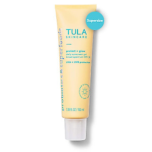 TULA Skin Care Protect + Glow Daily Sunscreen Gel Broad Spectrum SPF 30 - Skincare-First, Non-Greasy, Non-Comedogenic & Reef-Safe with Pollution & Blue Light Protection, Supersize, 3.38 oz