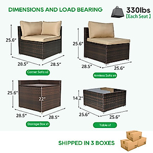 PORWEY Patio Outdoor Furniture Set 8 Pieces Rattan Wicker Sectional Sofa Couch Conversation Set with Storage Box and Table for Deck Lawn, Brown Wicker/Brown Cushion