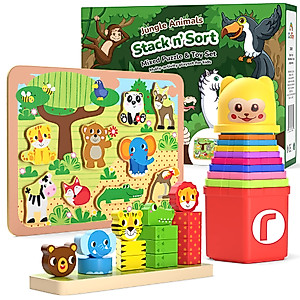 CoolToys Stack n' Sort Baby Toddler Learning Toys, 3 Developmental Educational Game Set, Nesting & Stacking Cups, Shape & Color Sorting Stackable Wooden Pieces, Montessori Wooden Puzzle, Jungle Theme