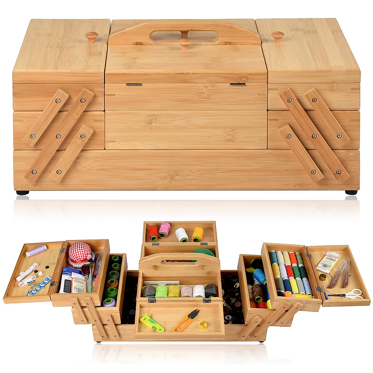 Adolfo Design Wooden Sewing Box Organizer for Sewing Supplies,Sewing Crafting Hobby Storage Box, 3 Tier Drawers for Craft Tools, Needles Assorted