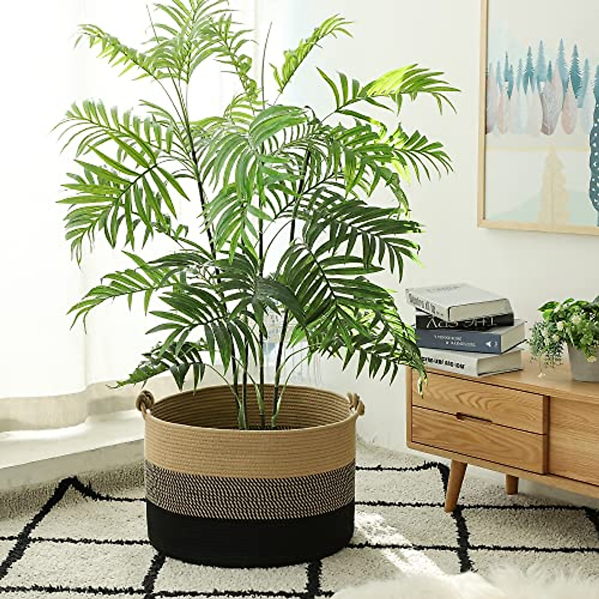 KAKAMAY Large Blanket Basket,Woven Rope Baskets for storage Baby Laundry Hamper, Cotton Rope Blanket Basket for Living Room, Laundry, Nursery, Pillows,Baby Toy chest (Jute/Black)