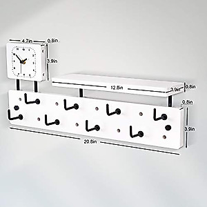 Entryway Coat Hooks with Shelf and Clock, Wall-Mounted Hanging Rack, Hallway/Living Room/Bedroom Organize and Decor Display Hook Rack. Bamboo Wood Body with 8 Metal Hooks, White Colour