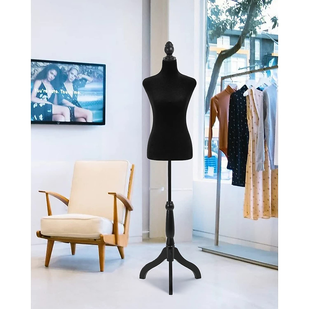 Mannequin Body, Mannequin Torso Mannequin Stand Dress Form 49.6-63.4 Height Adjustable Maniquins Body Female, Portable Displays Women for Sewing Wooden Tripod Base, Foam Body (Black)